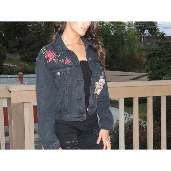 Jackets & Coats | Rose Floral Embroidered Black Jean Jacket | Poshmark